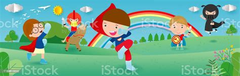 만화 의상을 입고 아이 슈퍼 히어로 수퍼 히어로 의상 세트 아이 귀여운 어린 아이 슈퍼 히어로 의상 캐릭터 흰색 배경에 고립 종이 아트 스타일 귀여운에 대한 스톡 벡터 아트