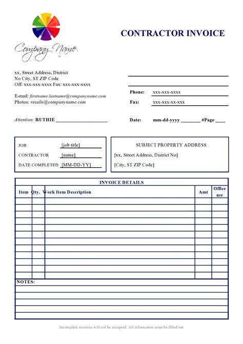 Printable Contractor Invoice Printable Templates