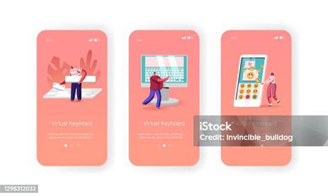 가상 키보드 모바일 앱 페이지에 입력하는 사람 화면 템플릿 키보드와 거대한 모니터에서 작은 문자 개체 그룹에 대한 스톡 벡터 아트 및 기타 이미지 Istock