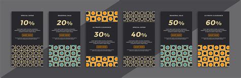 소셜 미디어 모바일 앱 스토리에 대한 현대 판매 및 할인 프로모션 배경 세트 기하학적 패턴의 어두운 수직 홍보 웹 배너 간단한 벡터 편집 가능한 배경 Eps 10 가격에