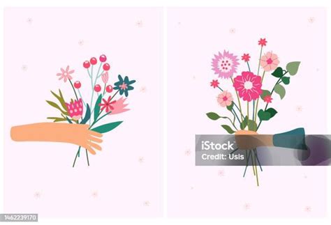 야생화의 밝은 꽃다발을 들고 있는 손 생일 결혼식 어머니의 날 봄 등을 축하하기위한 꽃꽂이 미니멀리스트 벡터 일러스트 레이 션 개화기에 대한 스톡 벡터 아트 및 기타 이미지