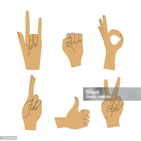 제스처를 보여주는 손 세트입니다 악마 뿔 좋아 힘의 주먹 기호 평화 십자가 손가락과 좋은 플랫 벡터 그림입니다 흰색 배경에 격리 개념에 대한 스톡 벡터 아트 및 기타 이미지