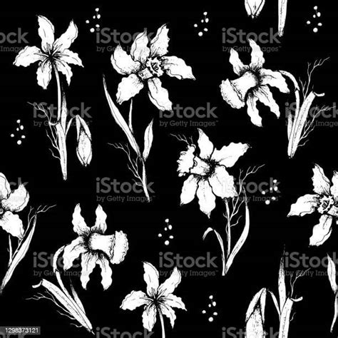 수선화로 만든 원활하고 현대적인 꽃 패턴 검은 색 배경에 고립 된 리얼리즘 스타일의 손으로 그린 꽃다발 최소 한 스타일의 벡터 스케치 벽지 종이 인쇄 당신의 아이디어에 대한