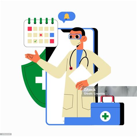 달력과 의료 키트를 가진 남성 의사 에서 약속 일정 건강 관리 및 전문 의료 서비스를 상징하는 평면 벡터 일러스트 레이 션 흰색 배경에 고립 건강관리와 의술에 대한 스톡