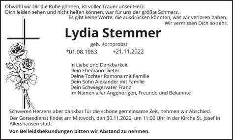Traueranzeigen Von Lydia Stemmer Trauer Merkur De