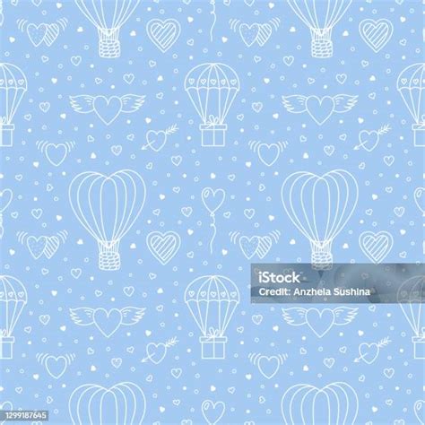 벡터 낙서 사랑 기호 핑크 화이트 매끄러운 패턴 하트 모양 열기구 낙하산 선물 마음 날개 발렌타인 데이 웨딩 디자인 프린트 패키지에 대한 휴일 배경 결혼식에 대한 스톡 벡터