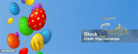 해피 부활절 날 배너 골드 패턴과 장식 볼 멀티 컬러 3d 계란 구성 부활절 달걀에 대한 스톡 벡터 아트 및 기타 이미지 부활절 달걀 부활제 사냥 Istock