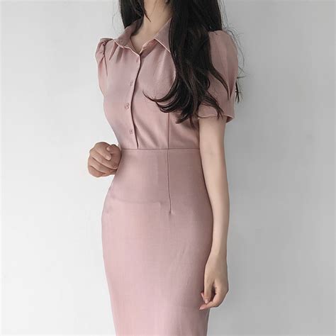 드로잉온유 하객룩 멜루아 카라 퍼프 반팔 셔츠 롱 원피스 베이지핑크