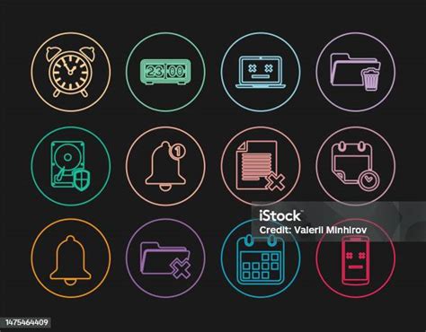 설정 라인 죽은 모바일 달력 및 시계 노트북 벨 하드 디스크 드라이브 Hdd 보호 알람 파일 문서 삭제 및 레트로 플립 아이콘 벡터 거절에 대한 스톡 벡터 아트 및 기타