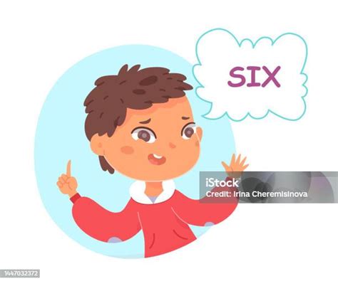 아이는 여섯 벡터 삽화로 세고 있습니다 만화 고립 귀여운 미취학 아동 안에 파란색 그림 6 손가락 제스처를 보여 주는 숫자 계산 산술 및 유치원에서 기본 수학 고등학교
