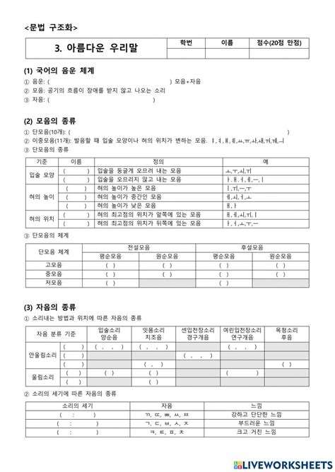 992794 국어의 음운 체계 문법구조화 수행평가지 Yumunhwan