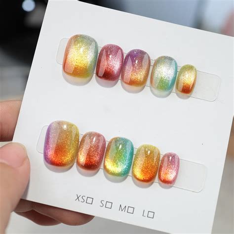 Rainbow Cat Eye Press On Nails Handmade Glitter Manicure Etsy