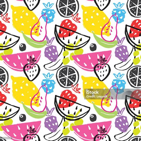 과일 원활한 패턴 육즙 과일 사과 배 딸기 오렌지 슬라이스 복숭아 매실 바나나 수박 파파야 포도 레몬과 딸기 배경 벡터 일러스트레이션 0명에 대한 스톡 벡터 아트 및 기타