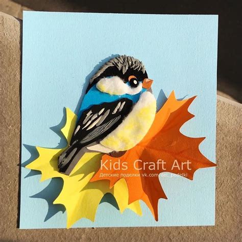 Аппликация из картона пластилина и ватных дисков «Осенняя синичка Вот такая получилась