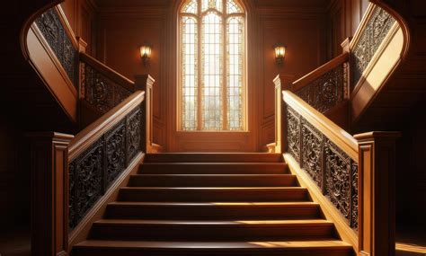 Staircase With Stained Glass Window And Wooden Railings 72609015 Stock