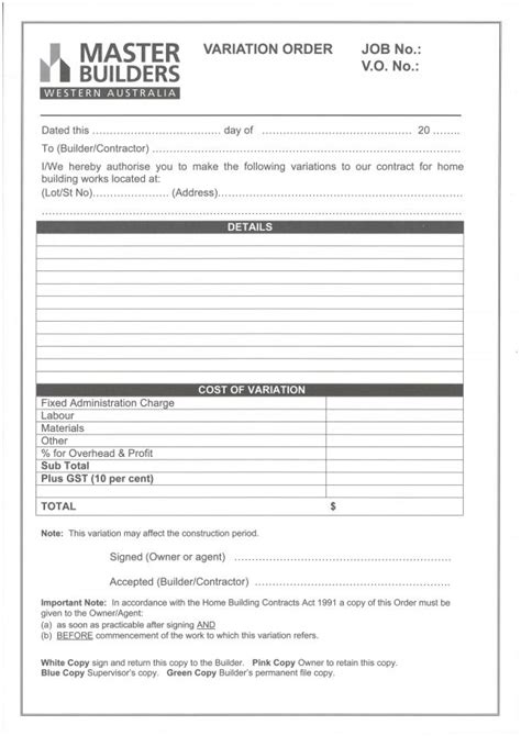 Variation Order Form Pad Master Builders WA