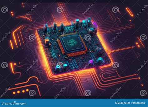 Computer Microchip Semiconductor On Motherboard Futuristic Cyber Neon Lighting Stock