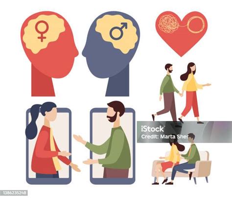 커플 세트 남자와 여자의 관계 남성과 여성 심리학 심리학자 치료사 사랑 개념 벡터 플랫 일러스트레이션 Junts Pel Sí에 대한 스톡 벡터 아트 및 기타 이미지 Istock