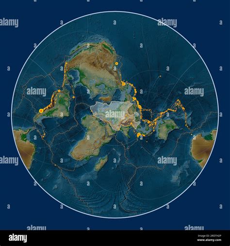 Eurasian Tectonic Plate On The Physical Elevation Map In The Lagrange Oblique Projection