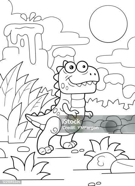 ไดโนเสาร์ยุคก่อนประวัติศาสตร์น่ารัก Tyrannosaurus สมุดระบายสีภาพประกอบตลก ภาพประกอบสต็อก ดาวน์