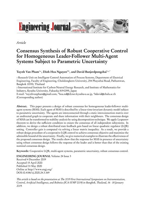 Pdf Consensus Synthesis Of Robust Cooperative Control For Homogeneous Leader Follower Multi