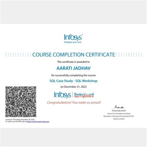 Aarati Jadhav On Linkedin My New Certification In Sql By Provided Infosys
