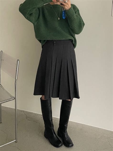 페이보릿 A라인 플리츠 주름 미디 울 스커트 랩 스커트