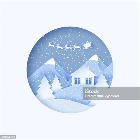 3d 추상 파스텔 종이 잘라 소나무 집 산와 산타 클로스와 겨울 풍경 그림 다층 효과에 대한 스톡 벡터 아트 및 기타 이미지