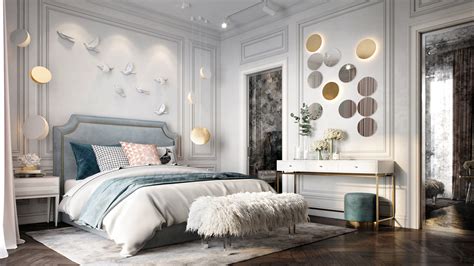 Гостевая спальня выполнена в палитре нежно голубых и серых цветов с яркими акцентами изумруда