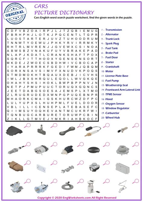 Cars English Word Search Puzzle Worksheet Find The Given Words In The Puzzle Image