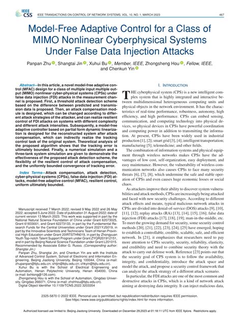 Pdf Model Free Adaptive Control For A Class Of Mimo Nonlinear Cyberphysical Systems Under