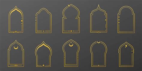 오리엔탈 스타일의 아랍 골드 테두리와 프레임의 집합입니다 선형 스타일의 이슬람 창문 보헤미안 스타일의 문 컬렉션 아랍어 최소 모양 아치입니다 황금 디자인을 위한 디자인 요소