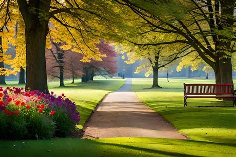 Premium Photo A Park Bench With A View Of A Tree Lined Path