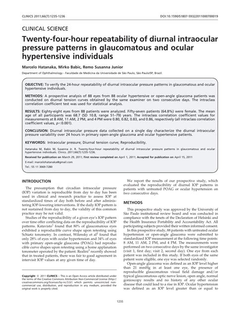 Pdf Twenty Four Hour Repeatability Of Diurnal Intraocular Pressure Patterns In Glaucomatous