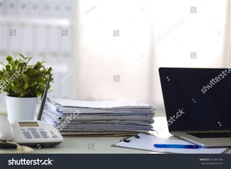 5 Wooden Counter Computer Stack Papers Top View Royalty Free Images