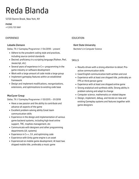 Gameplay Programmer Resume Samples Velvet Jobs
