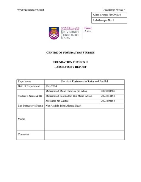 PHY098 Lab Report Exp 1 Group 3 PHY094 Laboratory Report Foundation Physics I CENTRE OF