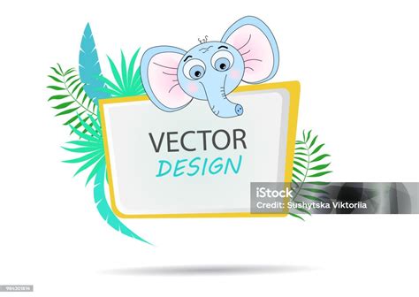 종 려 잎 및 만화 코끼리 벡터 배너 문자로 텍스트 프레임입니다 텍스트에 대 한 카툰 프레임입니다 어린이 위한 배너의 디자인입니다 텍스트 프레임 디자인입니다 0명에 대한