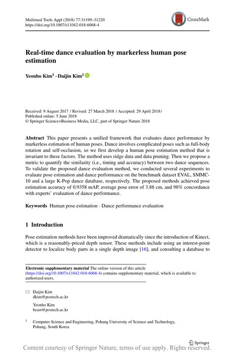 Real Time Dance Evaluation By Markerless Human Pose Estimation Request Pdf