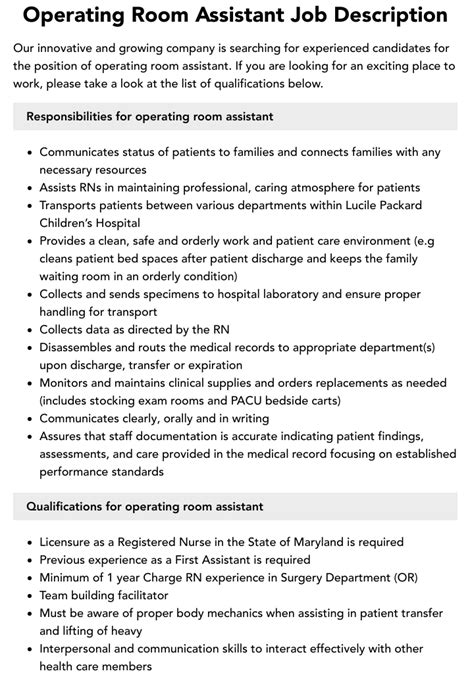Operating Room Assistant Job Description Velvet Jobs