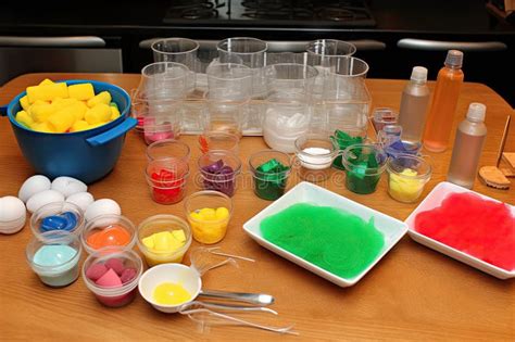 Science Experiment With Ingredients And Equipment Laid Out Neatly On The Table Stock