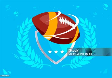 파란색 배경에 방패가있는 미식 축구 공의 벡터 일러스트 평평한 디자인 축구 클럽의 상징 개체 그룹에 대한 스톡 벡터 아트 및 기타 이미지 개체 그룹 게이트 경기
