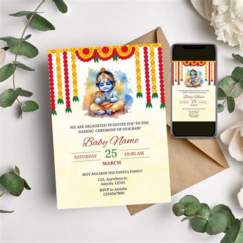 Krishna Theme Baby Naming Ceremony Invite Cradle Ceremony Invite Template Naming Ceremony