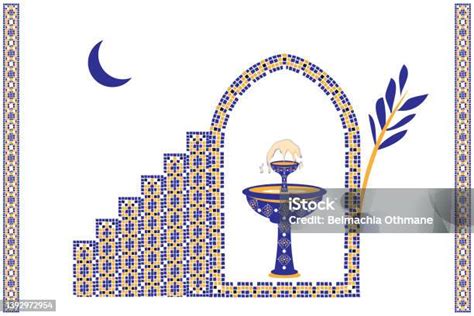 모로코 장면 세트 집 문 창문 및 전통적인 모자이크 패턴 이슬람 창과 문 모양 세트 아랍어 문과 창문의 실루엣은 파란색과 금색으로 채색되어 있습니다 벡터 일러스트레이션 0