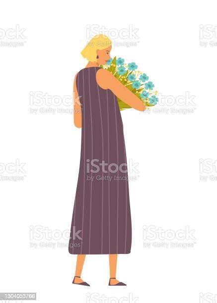 꽃다발을 가진 아름다운 금발 의 여자 흰색 배경에 격리 된 여성 캐릭터 세계 여성의 날 플랫 스타일로 벡터 그림 International Womens Day에 대한 스톡
