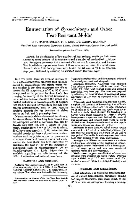 Pdf Enumeration Of Byssochlamys And Other Heat Resistant Molds