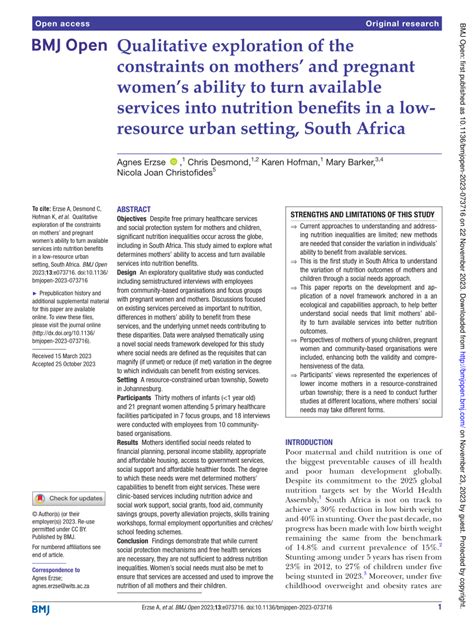 Pdf Qualitative Exploration Of The Constraints On Mothers And Pregnant Womens Ability To