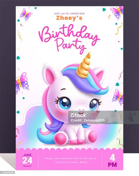 생일 파티 벡터 템플릿 디자인입니다 유니콘 조랑말 귀여운 캐릭터와 생일 초대장 마법의 축하 파티 어린이 초대장 0명에 대한 스톡
