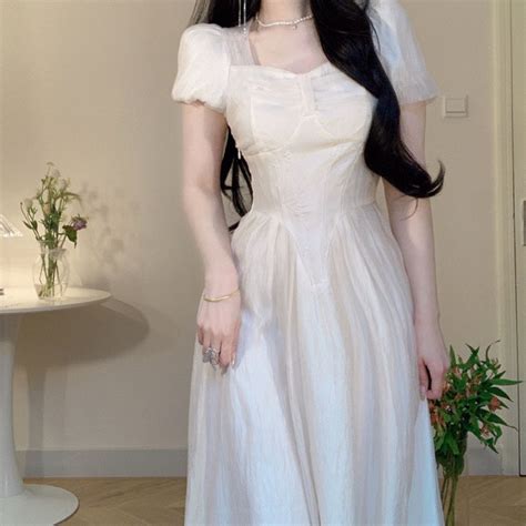 셀프웨딩브라이덜샤워룩 엘레강스 시스루 쉬폰 반팔 퍼프소매 웨딩드레스 허리잘록 플레어 롱 원피스 몸매보정 여름원피스 비치