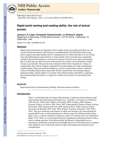Pdf Rapid Serial Naming And Reading Ability The Role Of Lexical Access